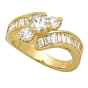 The Bling Factory 14k Gold Plated Cubic Zirconia Engagement Ring, 3-Stone Round + Channel Set Baguette CZs, Size 6