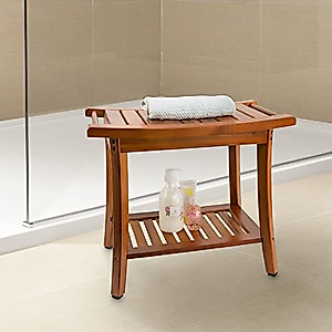 Utoplike Non Slip Teak Wood Bath Shower Mat, Teak Bathtub Caddy Tray Bath Tray, Teak Shower Bench Seat with Handles Set