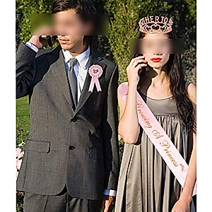 MEANT2TOBE Baby Shower Decoration for Mom to Be and Dad to Be, Premium Metal Pink Tiara + Pink & Gold Sash + Premium Metal Daddy to be Pink & White pin, Maternity for Her and Him