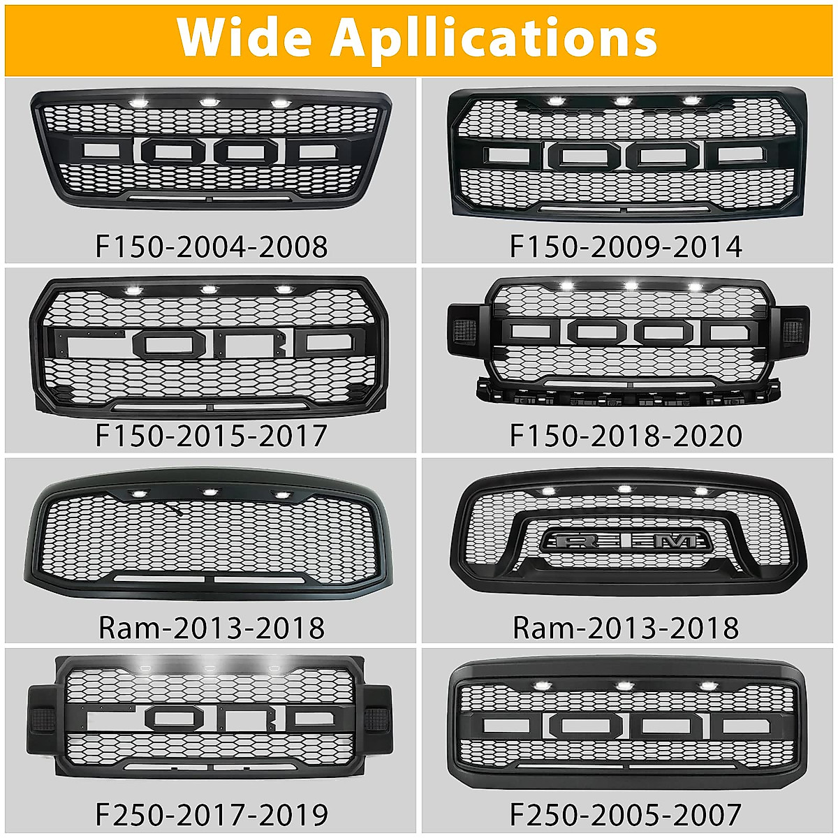 GTYUNKE Front Grille Lights for F150 2004-2019 Rapt0r Style Aftermarket Grille RAM 1500 2013-2018 Aftermarket Grille Light White LED