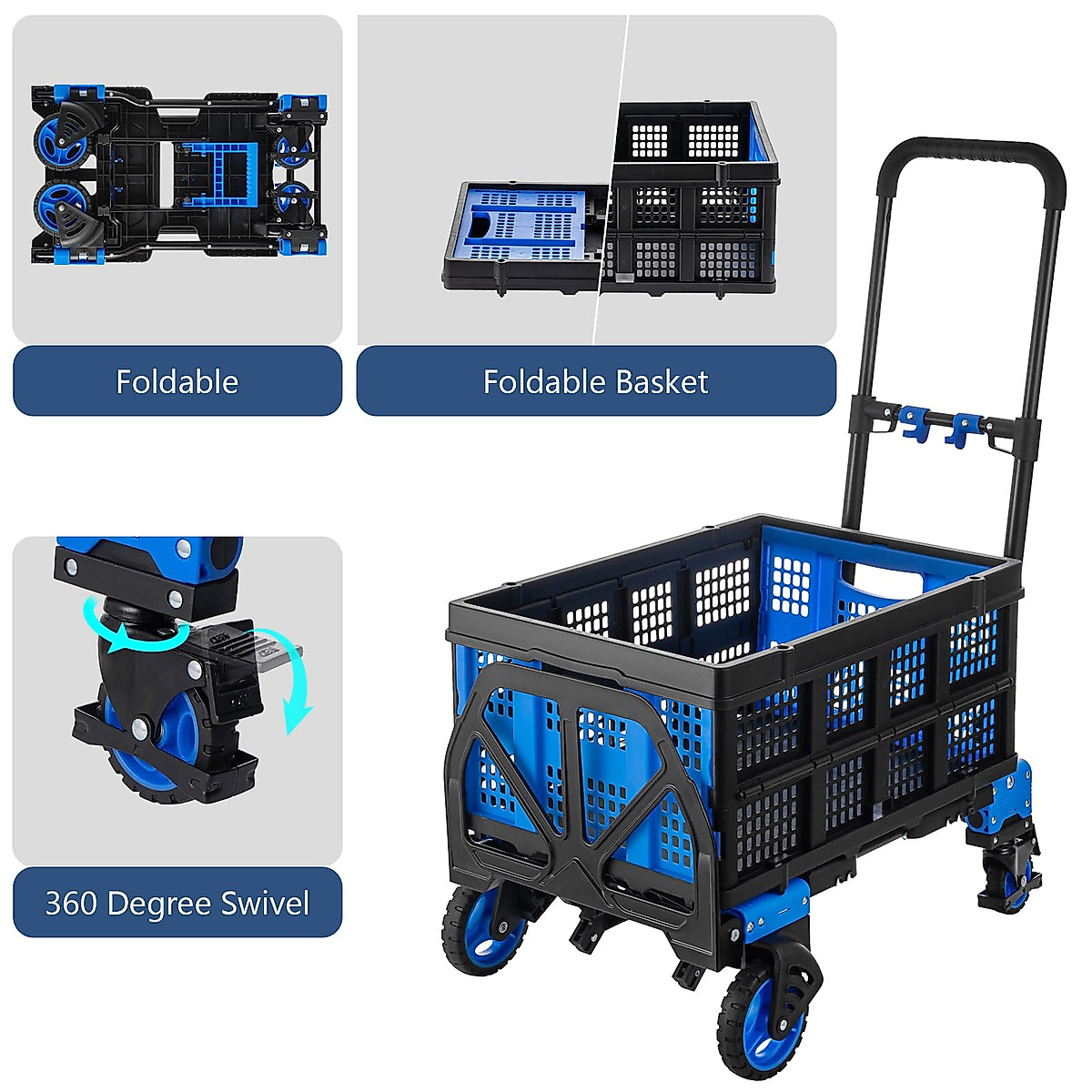 Hitgrand Folding Hand Truck, Heavy Duty Hand Truck Dolly Cart, Convertible Dolly Cart 330lbs Capacity W/Foldable Basket, 2 in 1 Luggage Trolley Cart for Warehouse Home Outdoor Moving