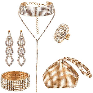 Women Rhinestone Jewelry Set Crystal Choker and Earring Set Bridal Wedding Bling Necklace Multilayer Bracelet Earring Bling Glitter Purse Ring Costume Jewelry (Gold Color)