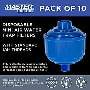 Master Elite Pack of 10 Disposable Mini Air Water Trap Filters with Standard 1/4" Threads - Effectively Removes Moisture Before it Reaches Spray Guns and Air Tools
