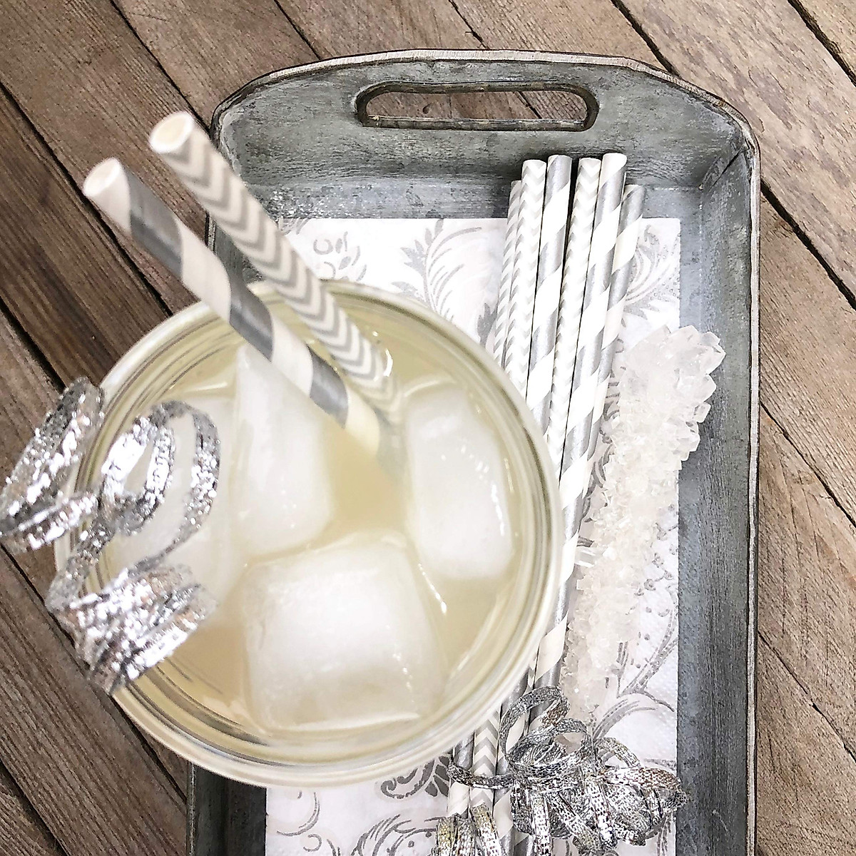 Light Pink and Silver Paper Straws Stripe Polka Dot - 7.75 Inches - 100 Pack - Outside the Box Papers Brand