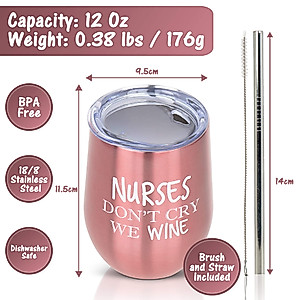 Nurse Wine Tumbler with Lid, Straw, and Cleaning Brush - Nurse Gifts for Women - Insulated Stainless Steel Wine Tumbler - Dishwasher Safe - Funny RN Gifts for Nurses - Rose Gold - 12oz