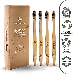 GREENZLA Bamboo Toothbrush Family Bundle | 4 Pack Adult Travel Toothbrush with Case and Charcoal Dental Floss | 6 Pack BPA Free Soft Bristle Kids Toothbrush