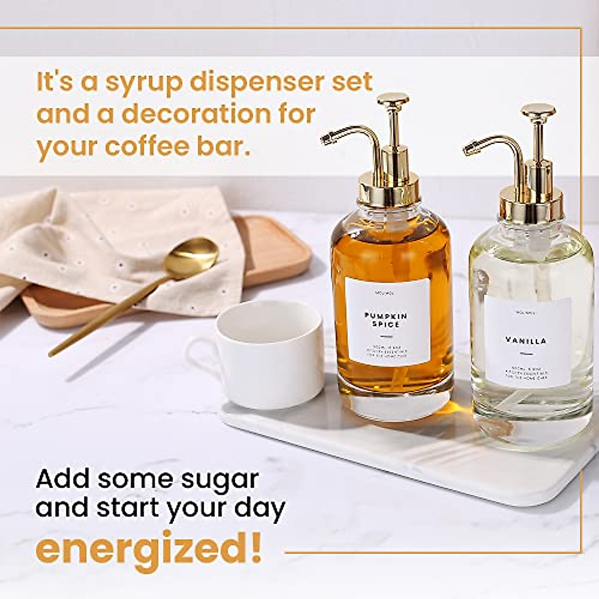 Molimoli Coffee Syrup Dispenser for Coffee Bar | Olive Oil Dispenser Bottle | Glass Syrup Bottle w. Pump | Glass Olive Oil Bottle - 2 Oil Bottles 350ml & 2 Syrup Bottles 500ml Gold