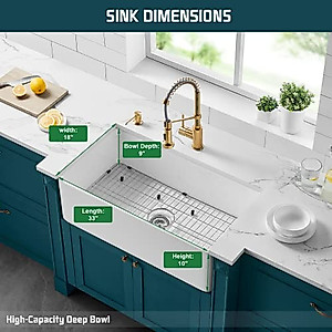LYNNADO Farmhouse Sink 33 inch Fireclay Farm Kicthen Sink Apron Sink Large &Deep Single Bowl Undermount Sink with Bottom Grid in & Drain, White Color