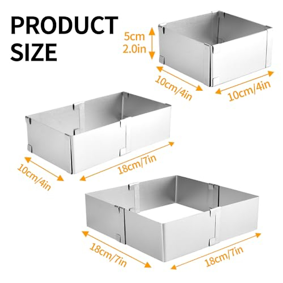 Guowall Stainless Steel Cake Square Mold, Adjustable Mousse Ring Rectangle Shaped Mousse Cake Cutter, Extensible Baking Mold Pastry DIY Baking Tool (10-18cm)