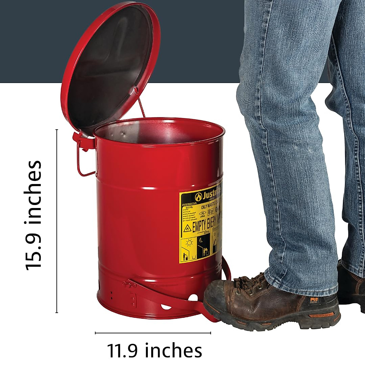 Justrite 6 Gallon Galvanized Steel Oily Waste Can, 16" x 12" Metal Oil Rag Safety Can with Quiet Foot-Operated Self-Closing Lid for Oil Rag Disposal, Made in The USA, Red, 09108