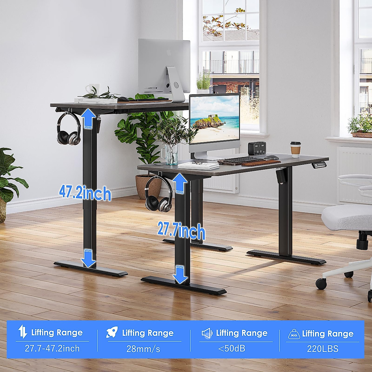 STARY Height Adjustable Electric Standing Desk with Whole Board, Modern, White