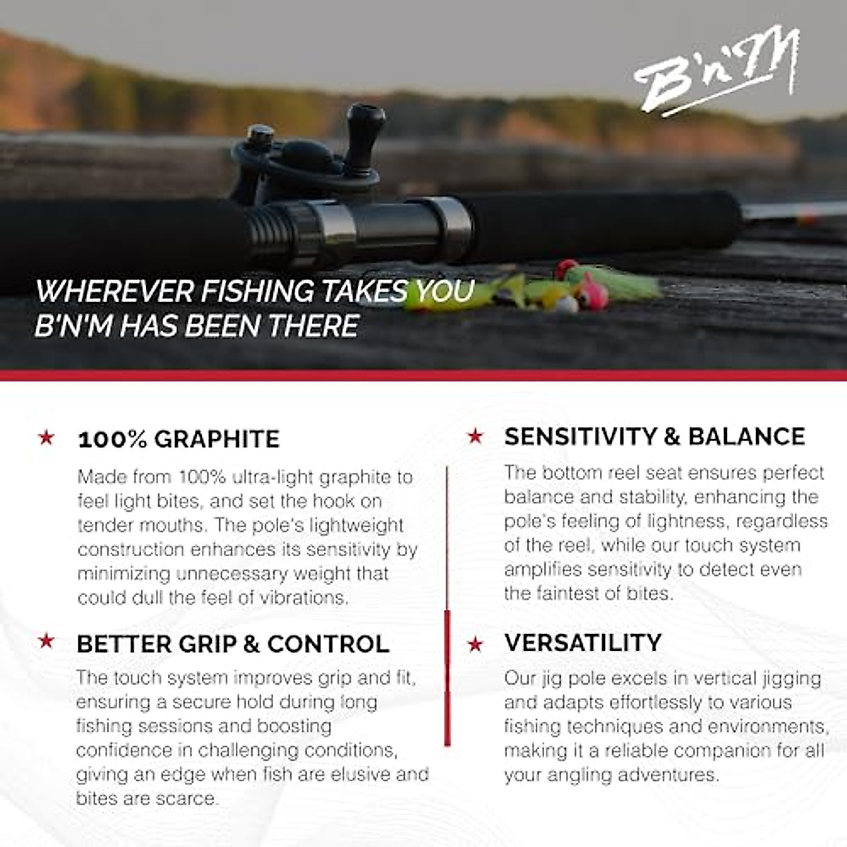 B'n'M Poles - Buck's Best Ultra-Lite Jig Pole Bottom Reel Seat, 10 Foot (2 Sections)