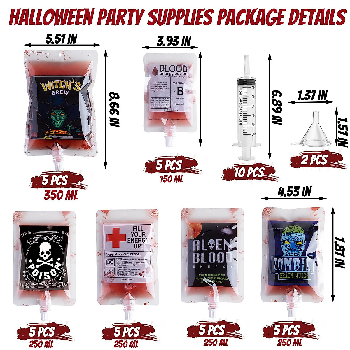 42PCS Halloween Blood Bags for Drinks Party Supplies, 30PCS Reusable Vampire Party Drinking Pouches + 10 Syringes + 2 Funnels, Various Size Containers for Halloween Zombie Nurse Theme Carnival Party Decorations Props