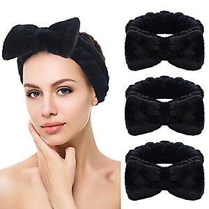 SINLAND Spa Facial Headband Bow Hairband for Women and Girls Facial Makeup and Washing Face Elastic Head Wrap for Sports Yoga Shower 3Pack Black