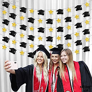 Glitter, 10 Feet Graduation Garland Black and Gold - 6 Strings, No DIY | Gold, Black Graduation Cap Garland for Graduation Party Decorations 2023 | Graduation Cap Banner for Graduation Cap Decorations