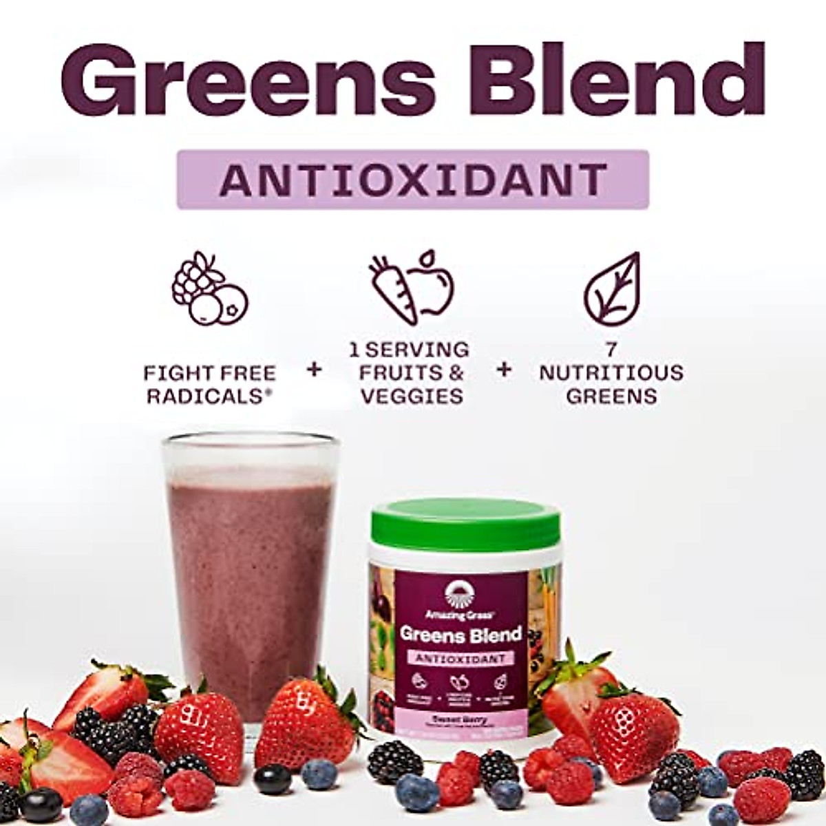 Amazing Grass Greens Blend Antioxidant: Super Greens Powder Smoothie Mix with Organic Spirulina, Beet Root Powder, Elderberry, Bilberry, Prebioitics & Probiotics, Sweet Berry, 30 Servings