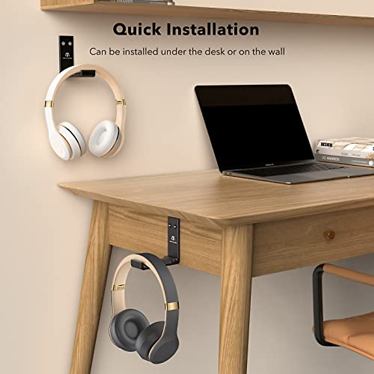 APPHOME Headphone Stand Hanger Foldable Wall Hooks, Save Space Durable Aluminum Headset Stand Holder for Universal Gaming Headset, Strong Adhesive, Black