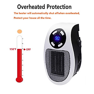 Upwsma Upgrade Smart Wall Space Heater 500W/800W Portable Electric Small Heater With Adjustable Thermostat and Timer, Overheat Protection, LED Display,Safe Heater for Office Dorm Dog Room(White-500W)