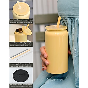 UIRZOTN 6 Pack Glass Cups with Lids and Straws, 16oz Stainless Steels Can Shaped Glass Cups, Beer Cups, Iced Coffee Cups, Smoothie Cup for Whiskey, Soda, Tea, Water, Sublimation Cups with Coaster