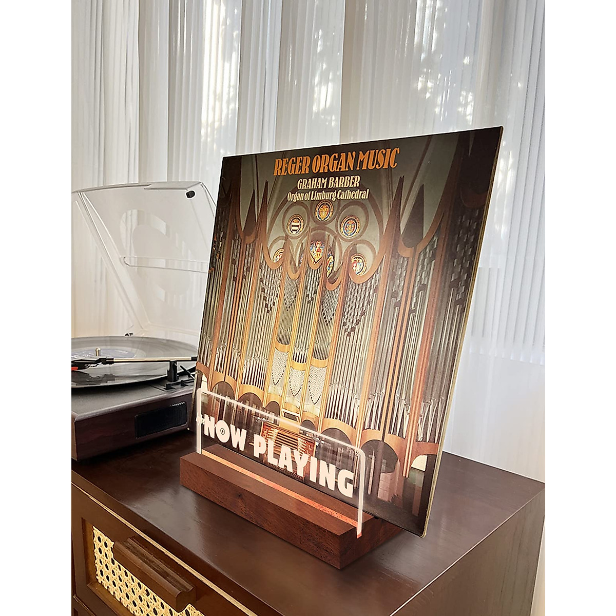 POSVIU Now Playing Vinyl Record Stand - LED Lighting Display, Solid Walnut & Acrylic,Vinyl Record Holder for LP Albums, Warm Lights (Walnut)