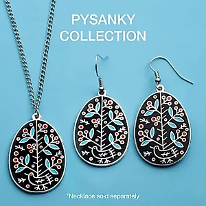 Ukrainian Easter Egg (Pysanky) Collection Earrings for Women - Pine Tree Drop Dangle Design (Silvertone)