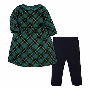 Hudson Baby Infant and Toddler Girl Quilted Cotton Dress and Leggings, Forest Green Plaid, 18-24 Months