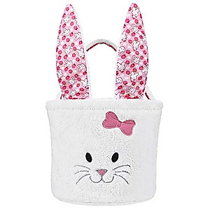 Easter Eggs Basket, Fluffy Bunny Baskets Cute Plush Rabit Basket with Foldable Bunny Ears, Easter Egg Hunts Easter Theme Party Supplies for Boys Girls (Pink)