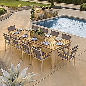 Oxford Garden Travira 11-Piece 103"x42" Table and Sling Armchair Dining Set - Powder Coated Aluminum Frame - Tekwood Natural - Cocoa Sling