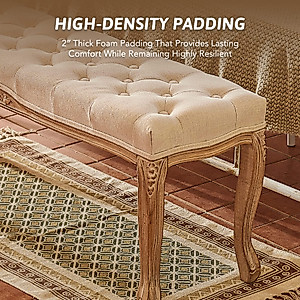 VONLUCE Vintage Dining Bench with Padded Seat & Rubberwood Legs, 44" Memory Foam Upholstered Entryway Bench, Tufted Fabric End of Bed Bench for Bedroom and Living Room, French Style, Beige