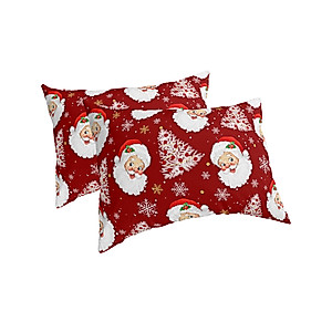 Edwiinsa Christmas Santa Pillow Covers King Standard Set of 2 20x36 Bed Pillow, Plush Soft Comfort for Hair/Skin Cooling Pillowcases with Envelop Closure Throw Covers Red Xmas Tree Gold Snowflake