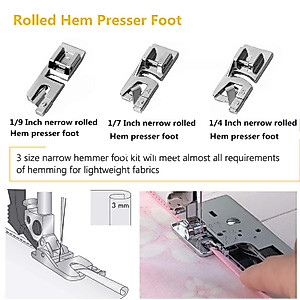 Fbshicung 9Pcs Sewing Machine Feet Set Includes 3pcs Narrow Rolled Hem Presser Feet,3Pcs Rolled Hem Pressure Foot,Zig Zag Presser Foot,Adjustable Guide Foot, Bias Binder Foot for Brother Singer Janome