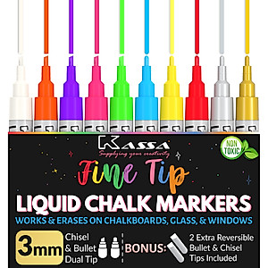 Kassa 10-Pack 3mm Neon Multicolor Chalk Markers | Includes 2 Bullet & Chisel Dual Tips | Works on Chalkboards, Windows, Glass or Mirrors | Erasable & Dust-Free | Ideal for Use at Home, School & Office