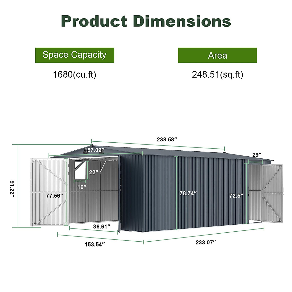 Large Metal Outdoor Storage Shed 13x20 Feet, with 1 Openable Window, 2 Doors, and 4 Ventilation Openings for A Large Metal Garage Shed for Cars, Trucks, Bicycles, Trash Cans, Tools, and Lawn Mowers