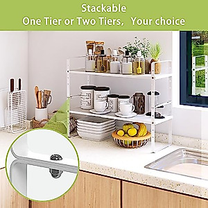 Across-Star Expandable Cabinet Shelf Organizer Rack, Stackable Kitchen Counter Storage Shelves Stand, Adjustable Height Pantry Shelf Spice Rack (White, 2 Pack)