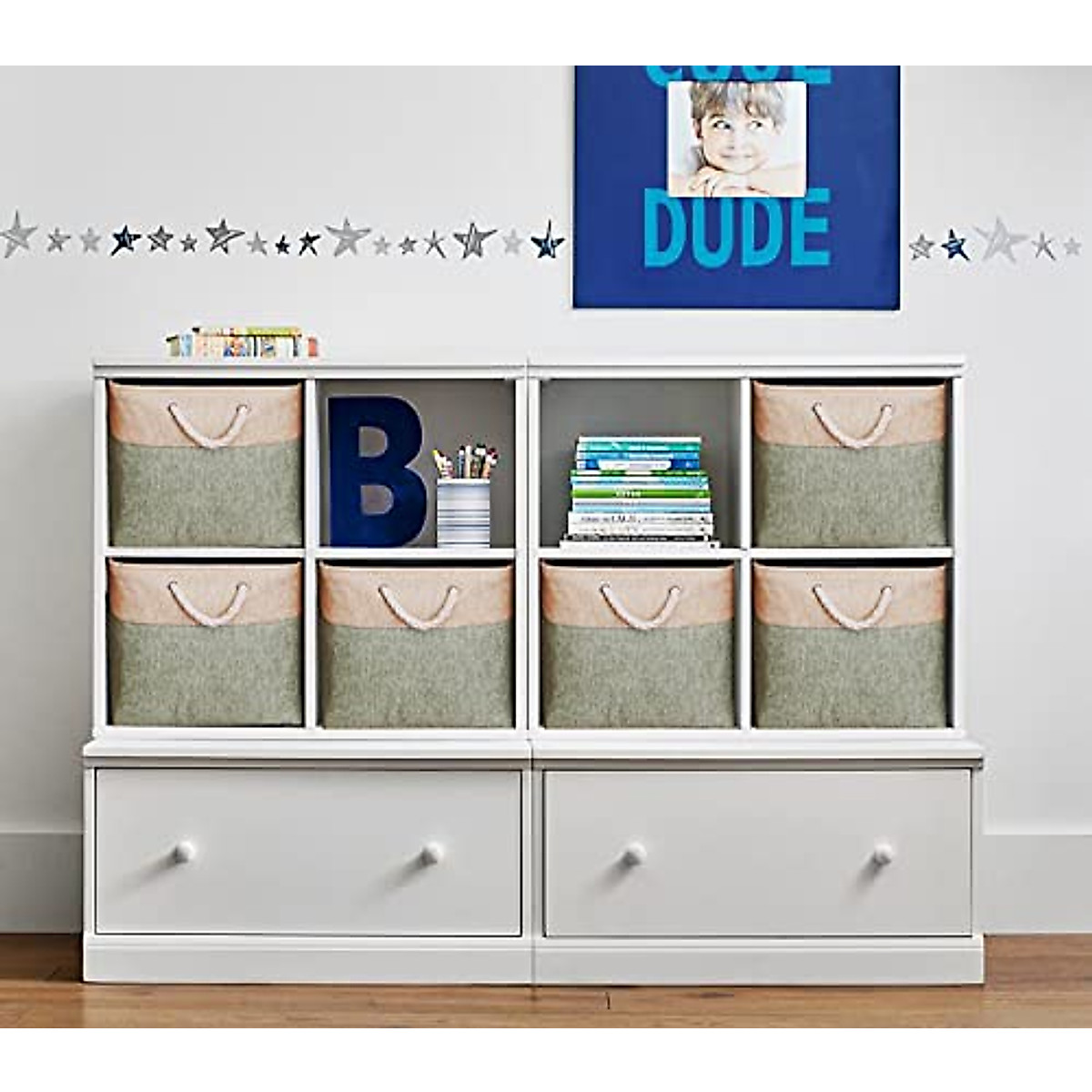 Extra Large Cube Storage Baskets (13 × 13 × 13 inches), Canvas Fabric Storage Boxes with Cotton Handles for Cupboards, Shelves, Clothes, Toys, Towel (Large, Green)