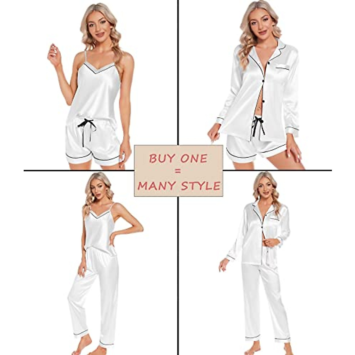SWOMOG Women's 4pcs Satin Silky Pajama Set Long Sleeve Button Top with Long Pant White