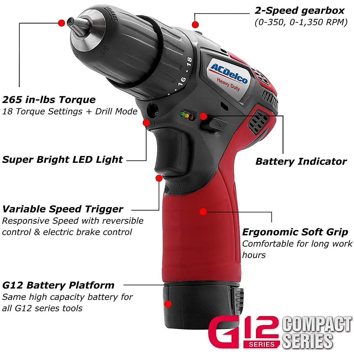 ACDelco ARI12105-K5 G12 Series 12V Cordless Li-ion 3/8” 2-Speed Drill Driver & ¼” Impact Driver Combo Tool Kit with 2 Batteries