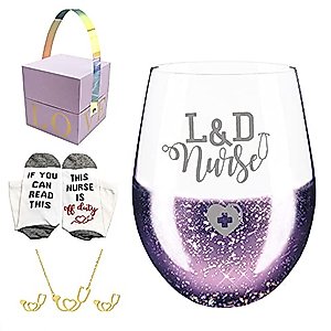 Osci-Fly Valentines Day Gifts for L&D Nurse, Labor and Delivery Nurse Handmade Etched Purple Starry Wine Glass & Nurse Off Duty Socks - Gift for Nurses Women