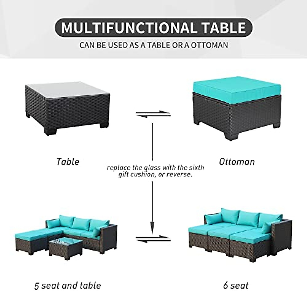 Outdoor PE Wicker Sofa Set 4-Piece 6-Seater Patio Garden Sectional Turquoise Cushions Seat Furniture Set, 2 L-Shaped Loveseats and Ottomans, Multi-Purpose Tempered Glass Coffee Table