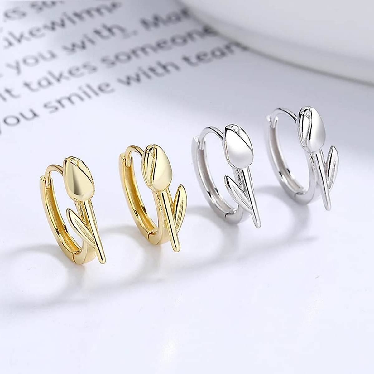 Minimalist Tulip Flower Small Hoop Earrings Sterling Silver 925 Cartilage Earrings Round Huggie Hoops Hinged Hypoallergenic Ear Jewelry Gifts for Women (White Gold)