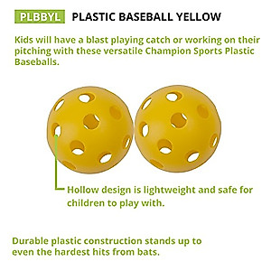 Champion Sports 9" Hollow Plastic Baseballs - Athletic Baseball Equipment - Regulation Size Balls - Fun for All Ages - Lightweight/Durable - Pack of 12 Yellow