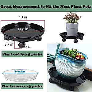 Circloophs 5 Packs Plastic Plant Caddy with Casters 12" Heavy-Duty Plant Dolly Rolling Plant Stand with Wheels for Moving Heavy and Large Plant Pot Saucers Plant Rollers Indoor and Outdoor, Black