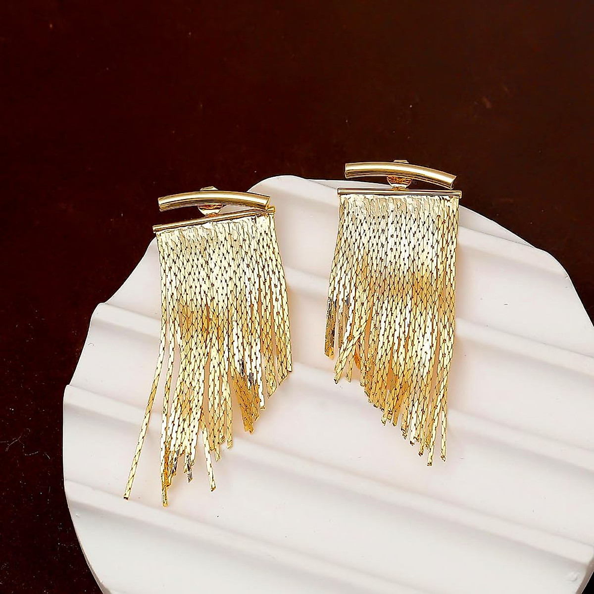 OWNCOOL Gold Silver Tassel Earrings for Women Long Statement Ear Jackets Earrings Trendy Front Back Drop Dangle Bridal Fringe Formal Wedding Parties Earrings Short Gold