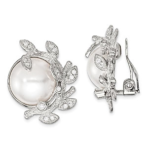 925 Sterling Silver Simulated Pearl Cubic Zirconia CZ Leaf Non Pierced Clip On Earrings