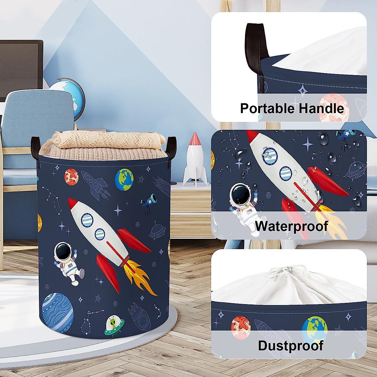 Clastyle 45L Rocket Astronaut Laundry Hamper for Bedroom Waterproof Collapsible Blue Universe Toys Storage Basket with Drawstring, 14.2 * 17.7 in