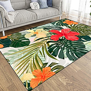 Gesmatic Play Area Rug, Small Area Rug(2X3) Summer Colorful Hawaiian Pattern Tropical Plants Hibiscus Flowers Oriental Area Rug, Suitable for Living Room, Kitchen, Outdoor