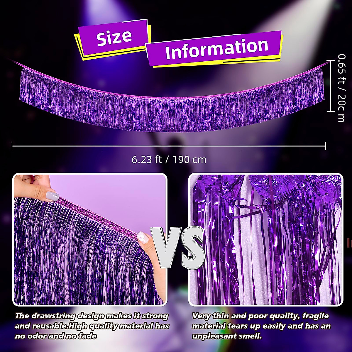 C＆B Purple Fringe Banner for Party Decorations,6.07 Ft Hanging Fringe Tinsel Garland, Metallic Foil Purple Streamer Photo Backdrop for The 70s & 80s Last Disco Bachelorette Party, Birthday Party Decor