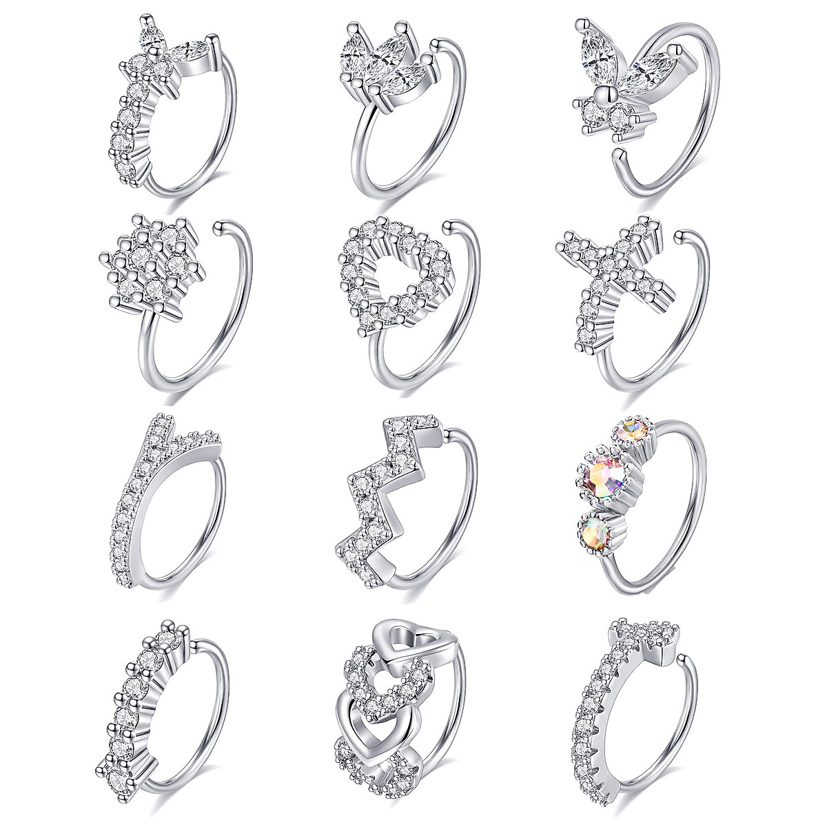 Tornito 10Pcs Nose Ring Hoop Paved Flower Leaf Feather CZ Cartilage Earrings Nose Piercing Jewelry for Women Men Silver Gold Rose Gold Tone 20G (H: Silver Tone)