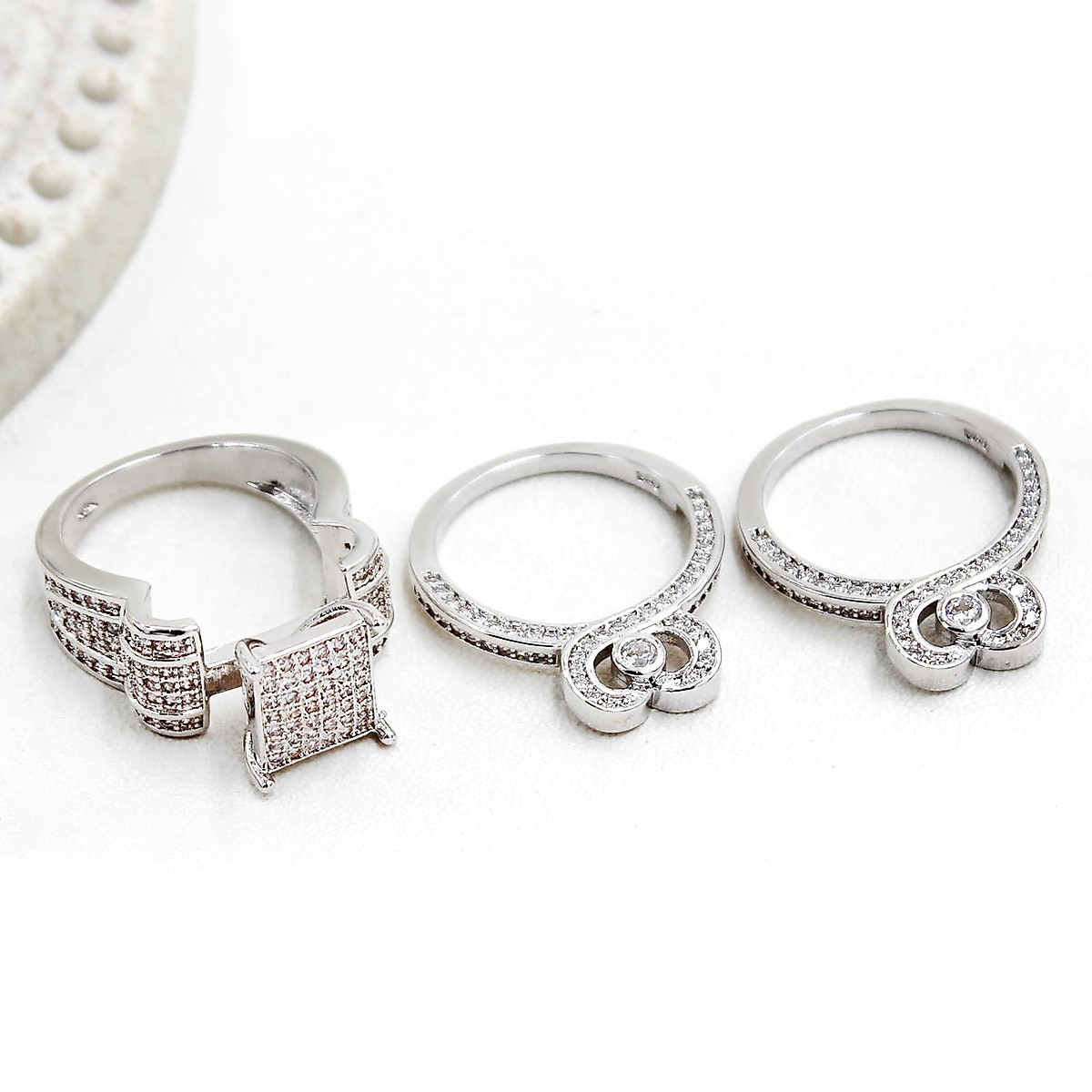 Uloveido Platinum Plated Hollow Stackable Rings Enhancers Wedding Engagement Heart Ring, 3Pcs Stacking Ring with Cubic Zirocnia for Women Anniversary Ring Gift (Size 8) Y451