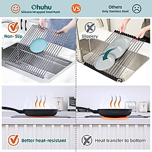 Ohuhu Over Sink Dish Drying Rack 17.6" L x 15.4" W Large Roll Up Drainer Foldable Rolling Mat Dryer Roll Out RV Drain - Silicone Coated Steel Multipurpose Space Saving for Kitchen Counter Anti-Slip